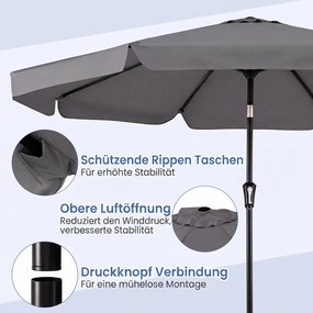 Costway Slunečník 300 cm sklopný s robustní kovovou tyčí 8 vzpěry kliková, šedá
