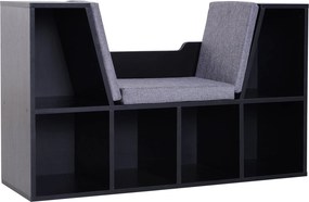 HOMCOM Dvoudílná knihovna s moderním designem a lavičkou, 6 přihrádek a 3 polštáře, 102D x 30Š x 61V cm, Černá Šedá