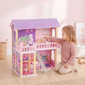 AIYAPLAY Domeček pro panenky 69 cm vysoký, 2patrový s 2 panenkami, 11 kusy nábytku, žebříkem, balkónem, velký pro dívky od 3 do 6 let, růžový