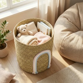 HOMCOM pletený úložný koš z mořské trávy s duhovým akcentem – přírodní, Ø30×35 cm