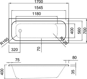 Erga Pureline-O, vana 1700x700x400 mm bez nožiček, bílá lesklá, ERG-V07-PURELINE-O-170x070-WH