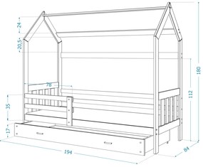 BabyBeds Dětská postel domeček se zábranou a úložným prostorem šedá Velikost postele: 190x80 cm, Barva šuplíku: Modrá