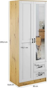 Skříň se zrcadlem 2D2S Rama dub artisan / bílá Kami