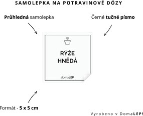RÝŽE HNĚDÁ - omyvatelná samolepka na dózu, výběr rozměrů Ø 5 cm / 5 x 5 cm / 6 x 8 cm | DomaLEP tvar: KOLEČKO, barva: PRŮHLEDNÁ - ČERNÉ písmo, velikost: Ø 5 cm - základní písmo