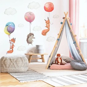 Gario Dětská nálepka na zeď Zvířátka s balony, liška, ježek a veverka