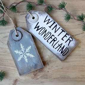 Bílá a šedá antik vánoční ozdoba cedulka Winter - 9*1,5*20 / 9*1,5*16 cm