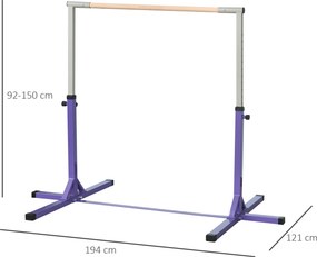 HOMCOM Dětská gymnastická tyč pro 3+ let, nastavitelné tréninkové barové zařízení 92-150 cm, horizontální gymnastická tyč pro zátěž 75 kg, 194x121x15…