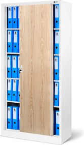 Kovová kancelářská skříň s posuvnými dveřmi, bílá/dub sonoma, 900x1850x400 mm: KUBA Eco Design