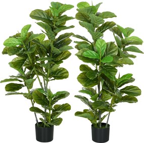 HOMCOM Sada 2 Dekorativních Umělých Rostlin 110x15 cm Umělé Fikusy se 90 Listy a Květináči pro Vnitřní Dekoraci do Obývacího Pokoje a Kanceláře Zelená