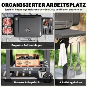 Gril na dřevěné uhlí BBQ udírna s víkem Teploměr výškově nastavitelná pánev na dřevěné uhlí Komín Grilovací rošt Boční stolek Popelník