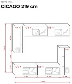 Ral Obývací stěna CHICAGO 5, 219 cm - Bílý lesk