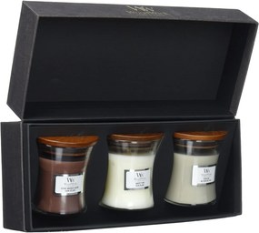 Dárková sada: Woody set 3x malá vonná svíčka s dřeveným knotem WoodWick 3x 85 g
