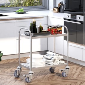 HOMCOM Nerezový Užitkový Vozík s Kolečky do Kuchyně s Přihrádkami a 2 Rukama pro Jídelnu a Obývací Pokoj 70,5x40,5x81 cm Stříbrná