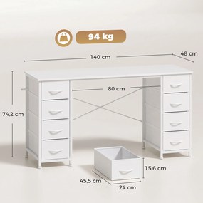 HOMCOM psací stůl 140 cm s 8 látkovými zásuvkami, bílý
