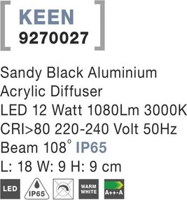 NV 9270027 Venkovní nástěnné svítidlo KEEN černý hliník akrylový difuzor LED 12W 3000K 220-240V 108st. IP65 - NOVA LUCE
