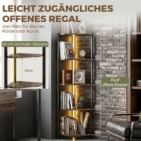 HOMCOM Knihovna 5-patrový rohový regál s LED osvětlením do obývacího pokoje, ložnice, kanceláře, Rustikální hnědá