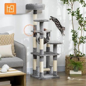 PawHut Kočičí strom Škrabací sloupek Kočičí hrací věž Kočičí šplhací strom Škrabací sloupek Houpací síť Šedá L40 x Š40 x V132 cm