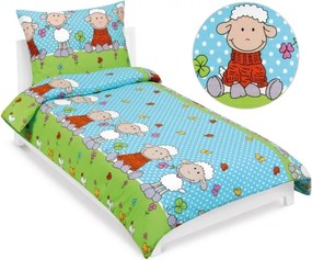 Bellatex Povlečení krepové 140x200, 70x90 cm Ovečka Modrá, Zelená, Bílá
