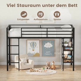 Costway Vyvýšená postel 90 × 200 cm s žebříkem a policemi, hnědá