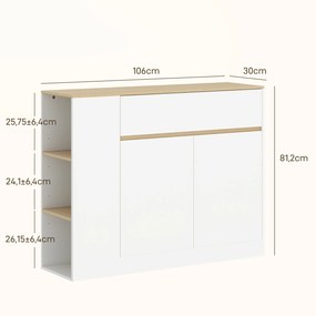 HOMCOM Sideboard, großes Schrankfach, 3 Ablagefächer, Schublade, 106 x 30 x 81,2cm, Weiß/Holz