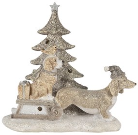 Vánoční dekorativní soška pejsků u stromečku s dárky a saněmi - 16*8*15 cm LED osvětlení