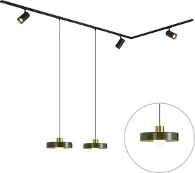 Moderní kolejnicový systém černý se 2 zelenými závěsnými svítidly a 3 bodovými světly 1-fázový - Iconic Jeana Luxe Jina