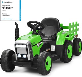 Costway 12 V dětský traktor s odnímatelným přívěsem a dálkovým – tmavě zelená