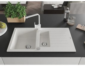 Mexen Matias, granitový dřez 900x505x200 mm, 1,5-komorový a bílá baterie Rita, bílá, 6502-20-670300-20