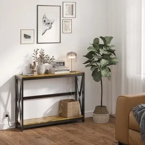 HOMCOM Úzký industriální konzolový stůl se 2 úrovněmi a zásuvkami a USB, 100 x 24 x 75 cm, hnědá