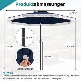 Costway Slunečník 270 cm s funkcí klikání a naklápění s 8 kovovými žebry, modrý