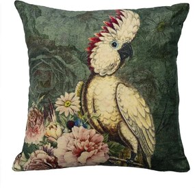 Zelený sametový polštář s dekorem květin a kakadu Cockatoo - 45*45*17cm