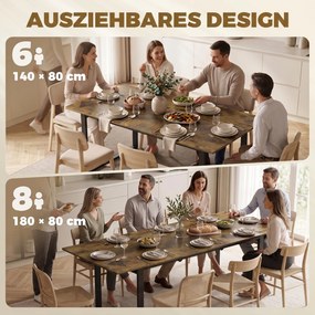 HOMCOM Rozkládací jídelní stůl 140-180 cm pro 6-8 osob, obdélníkový v industriálním designu s ocelovým rámem, optika tygřího dřeva