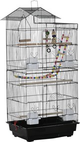 Ptačí klec PawHut s více dveřmi, 4 krmítky, 3 bidly, houpacím zařízením a odnímatelným tácem pro papoušky, kanárky a andulky 46x36x100 cm Černá
