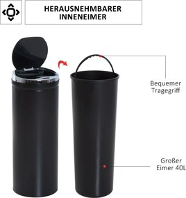 HOMCOM Senzorový odpadkový koš 50 l, automatický odpadkový koš, nerezový kuchyňský koš, infračervený senzor, černý, nerez