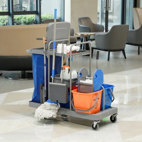 HOMCOM Úklidový vozík se sáčkem na odpadky, servisní vozík s 18L mopovými kybly, lisem a policemi pro hotely 111x63.3x103 cm Vícebarevný