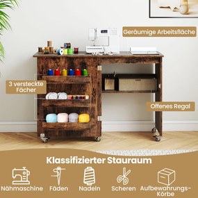 Costway Pojízdný skládací šicí stolek s úložnými boxy, hnědý