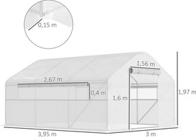 Outsunny Zahradní Skleník 4x3x2 m Tunelový Skleník se 2 Okny z UV-Odolného PE a 1 Rolovacími Dveřmi se Zipperem pro Zahradu a Terasu Bílý