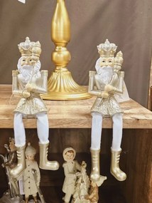 2ks bílo-zlatá vánoční dekorace socha sedící Louskáček - 6*6*12/21 cm