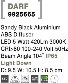 NV 9925665 Venkovní nástěnné svítidlo DARF černý hliník ABS difuzor LED 5W 3000K 100-240V 104st. IP65 světlo dolů - NOVA LUCE