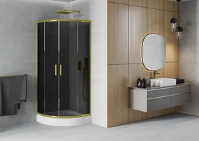Mexen Rio, čtvrtkruhový sprchový kout s posuvnými dveřmi 80 (dveře) x 80 (dveře) x 190 cm, 5mm šedé sklo, zlatý profil + bílá sprchová vanička RIO, 863-080-080-50-0-4710