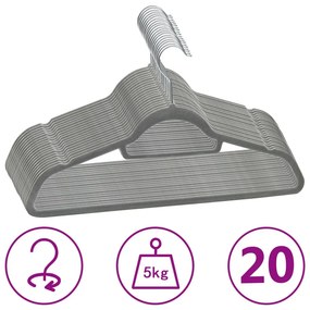 20 ks šatních ramínek protiskluzové šedé samet 289917