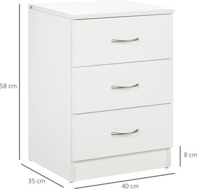 HOMCOM Moderní noční stolek se 3 zásuvkami pro obývací pokoj a ložnici, nosnost 50 kg, 40x35x58 cm, bílý