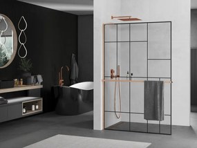 Mexen Kioto+ L, sprchová zástěna Walk-In s poličkou a věšákem 110 x 200 cm, 8mm čiré sklo černý vzor, ​​měděný matný profil, 800-110-123-65-78