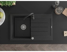 Mexen Bruno, 1-komorový granitový dřez s odkapávačem 80x50 cm a kuchyňskou baterií Telma, černá-stříbrná, 6513-73-670200-70
