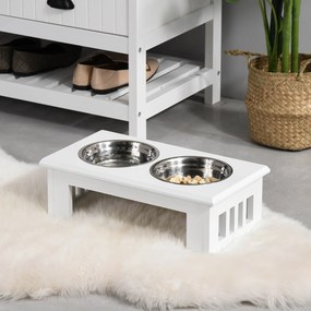 PawHut Zvýšená miska pro psy Miska na krmivo s nerezovými miskami 58,4x30,5x25,4cm MDF Protiskluzová Snadná údržba Bílá pro psy