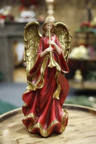 Červeně zlatá figurka anděl s trubkou 38cm