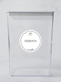 Samolepka na láhev CEDEVITA –  průměr 5 cm – bílá vinylová, voděodolná, omyvatelná samolepka na dózy, základní písmo