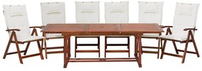 Zahradní souprava, dřevěný stůl a 6 židlí s bílými polštáři TOSCANA Beliani