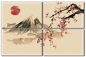 Obraz na plátně - Tradiční sumi-e obraz: sakura, slunce a hory 1271FE (90x60 cm)