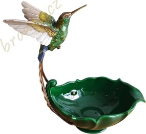 Dekorativní porcelánová mísa s kolibříkem – zelená luxusní mísa s bronzovým detailem
